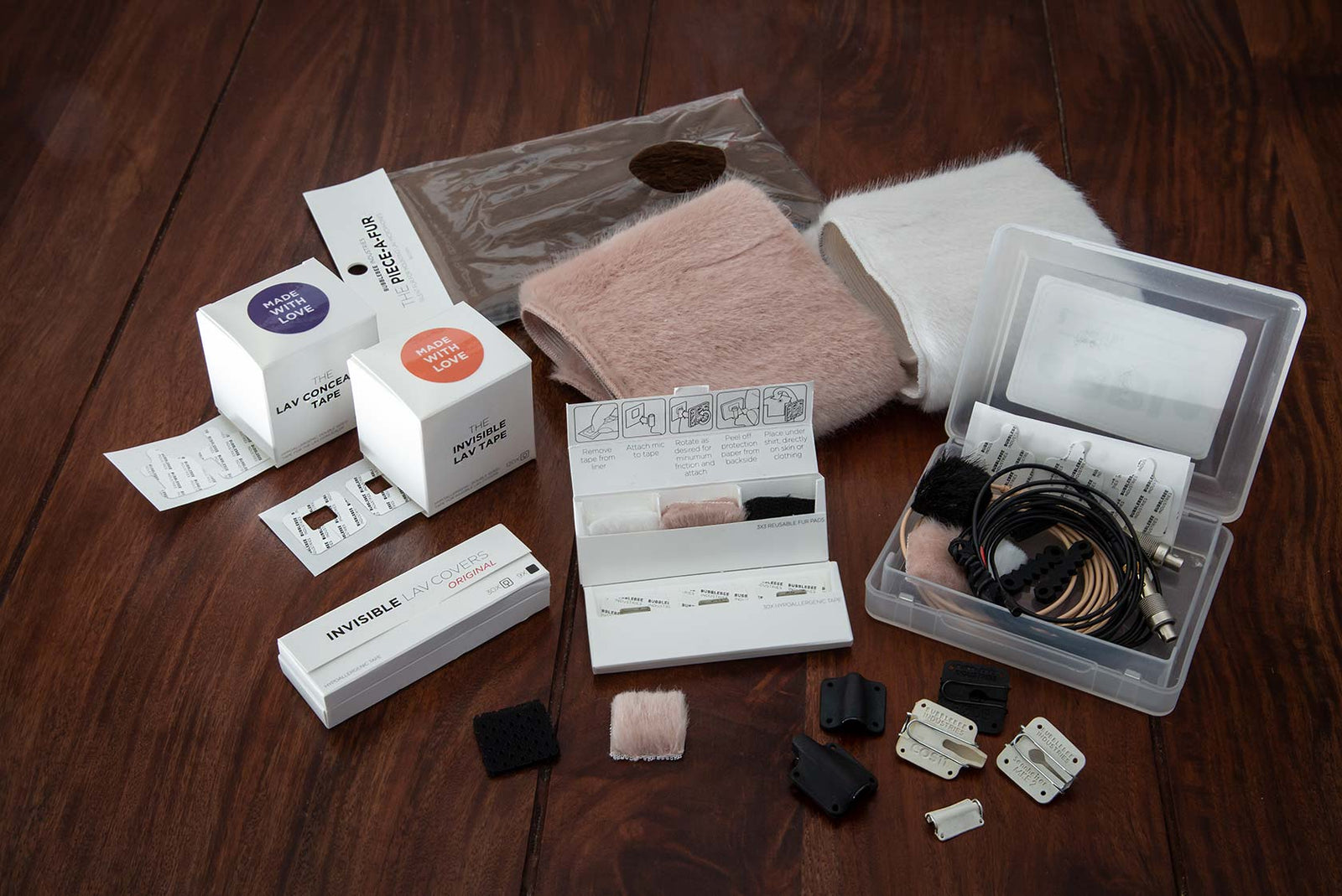 Lav mic hiding mounts, covers, tape and fur